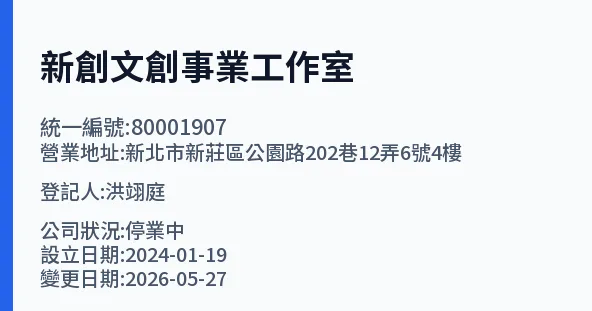 新創文創事業工作室的照片-統編 80001907(新北市) 公司登記資料與營業項目詳細圖表