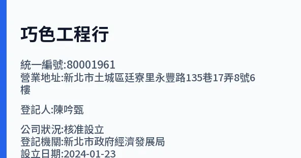 巧色工程行的照片-統編 80001961(新北市) 公司登記資料與營業項目詳細圖表