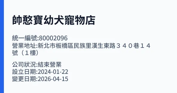 帥憨寶幼犬寵物店的照片-統編 80002096(新北市) 公司登記資料與營業項目詳細圖表