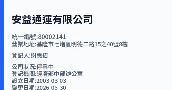 安益通運有限公司的照片-統編 80002141(基隆市) 公司登記資料與營業項目詳細圖表