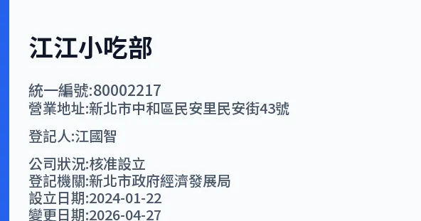 江江小吃部的照片-統編 80002217(新北市) 公司登記資料與營業項目詳細圖表