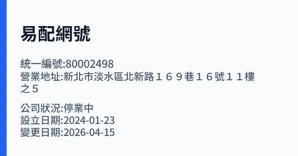 易配網號的照片-統編 80002498(新北市) 公司登記資料與營業項目詳細圖表