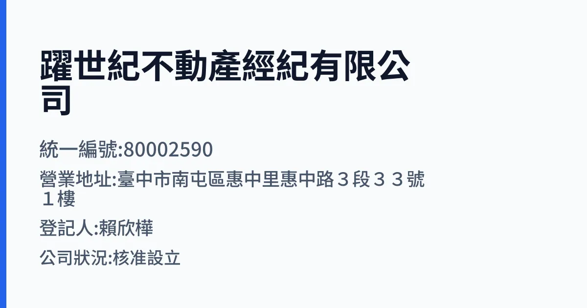 躍世紀不動產經紀有限公司 - 統編 80002590(臺中市) 公司登記資料與營業項目詳細圖表