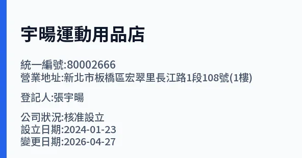 宇暘運動用品店的照片-統編 80002666(新北市) 公司登記資料與營業項目詳細圖表
