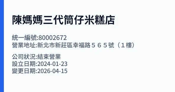 陳媽媽三代筒仔米糕店的照片-統編 80002672(新北市) 公司登記資料與營業項目詳細圖表