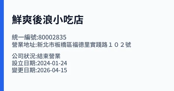 鮮爽後浪小吃店的照片-統編 80002835(新北市) 公司登記資料與營業項目詳細圖表