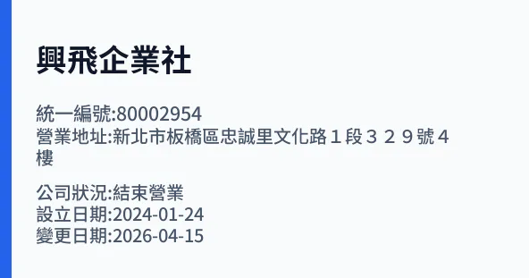 興飛企業社的照片-統編 80002954(新北市) 公司登記資料與營業項目詳細圖表