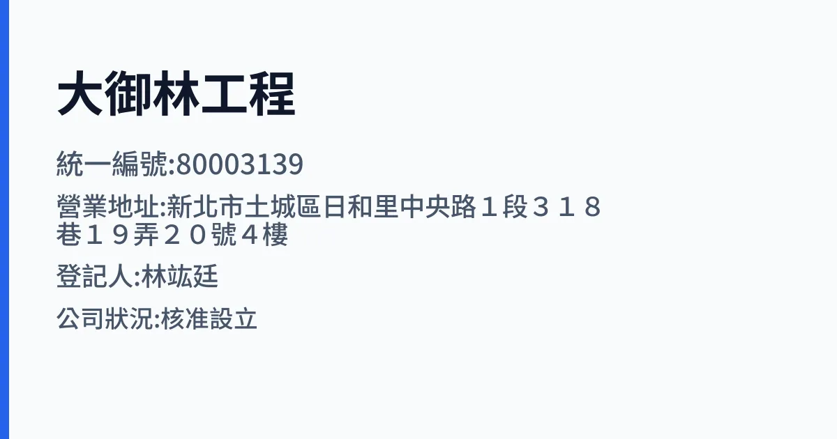 大御林工程 - 統編 80003139(新北市) 公司登記資料與營業項目詳細圖表
