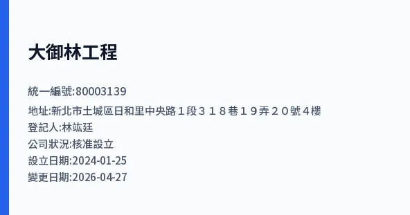 大御林工程的照片-統編 80003139(新北市) 公司登記資料與營業項目詳細圖表