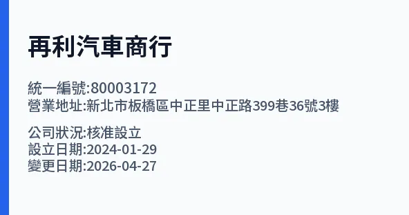 再利汽車商行的照片-統編 80003172(新北市) 公司登記資料與營業項目詳細圖表
