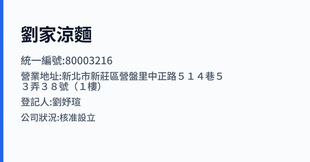 劉家涼麵 - 統編 80003216(新北市) 公司登記資料與營業項目詳細圖表