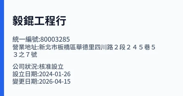 毅錕工程行的照片-統編 80003285(新北市) 公司登記資料與營業項目詳細圖表
