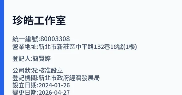 珍皓工作室的照片-統編 80003308(新北市) 公司登記資料與營業項目詳細圖表