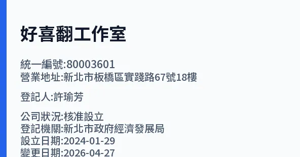 好喜翻工作室的照片-統編 80003601(新北市) 公司登記資料與營業項目詳細圖表