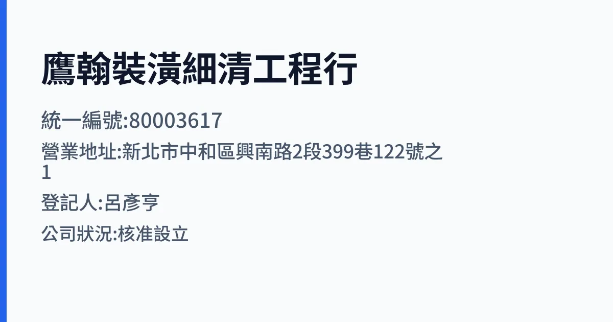 鷹翰裝潢細清工程行 - 統編 80003617(新北市) 公司登記資料與營業項目詳細圖表
