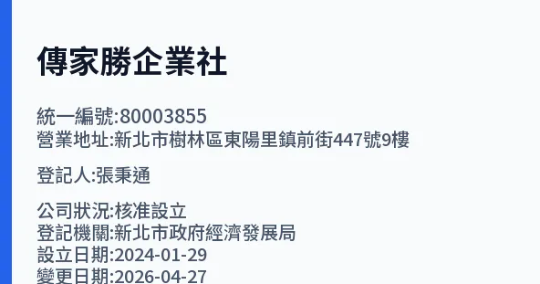 傳家勝企業社的照片-統編 80003855(新北市) 公司登記資料與營業項目詳細圖表