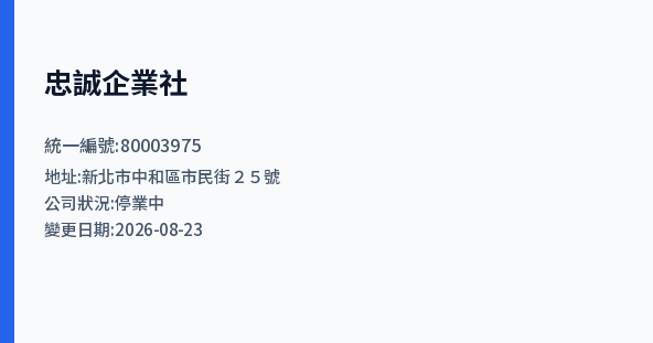 忠誠企業社的照片-統編 80003975(新北市) 公司登記資料與營業項目詳細圖表