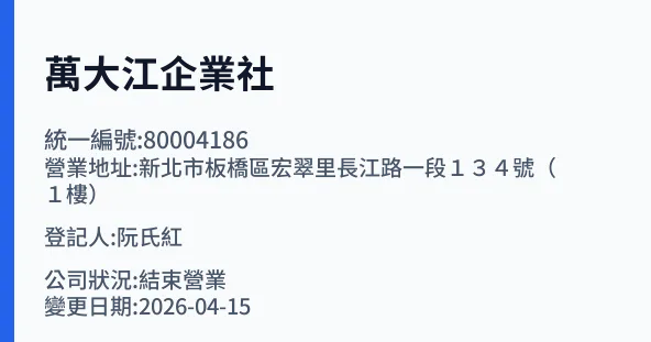 萬大江企業社的照片-統編 80004186(新北市) 公司登記資料與營業項目詳細圖表