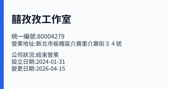 囍孜孜工作室的照片-統編 80004279(新北市) 公司登記資料與營業項目詳細圖表