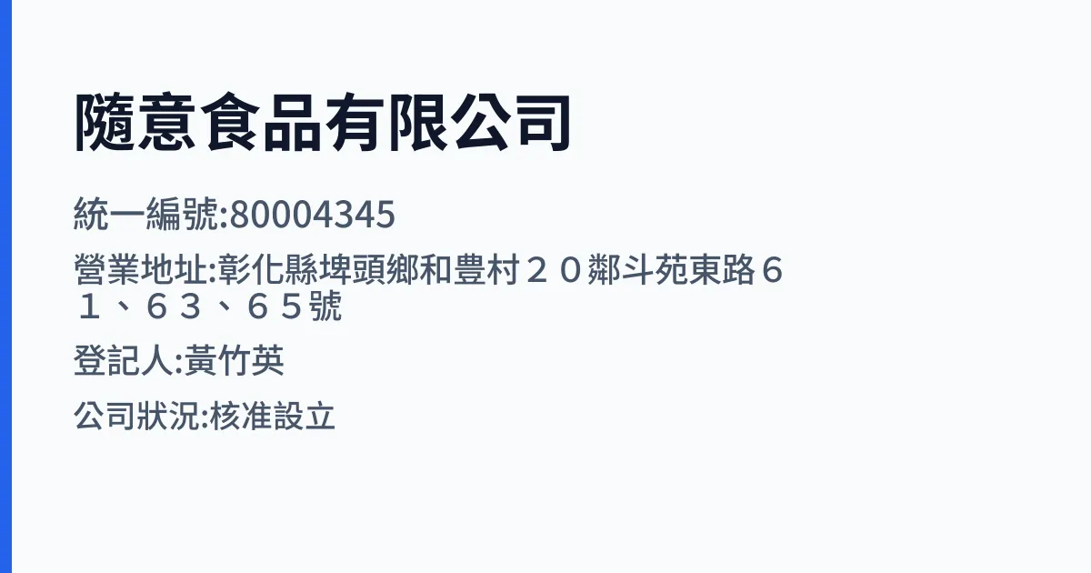 隨意食品有限公司 - 統編 80004345(彰化縣) 公司登記資料與營業項目詳細圖表