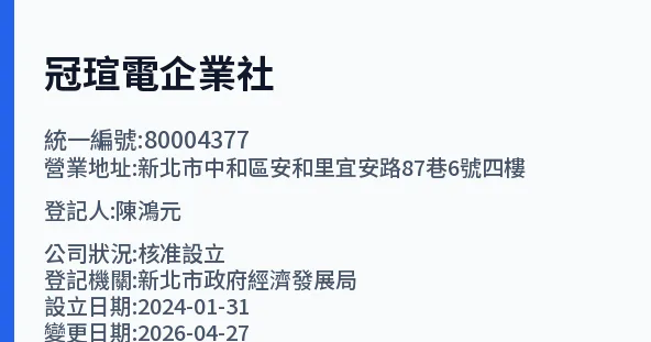 冠瑄電企業社的照片-統編 80004377(新北市) 公司登記資料與營業項目詳細圖表
