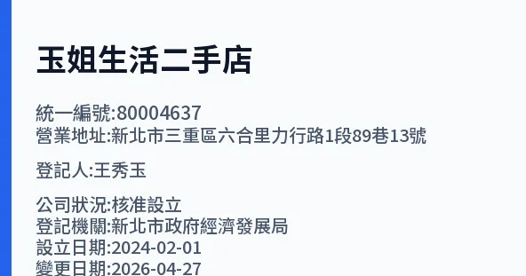 玉姐生活二手店的照片-統編 80004637(新北市) 公司登記資料與營業項目詳細圖表