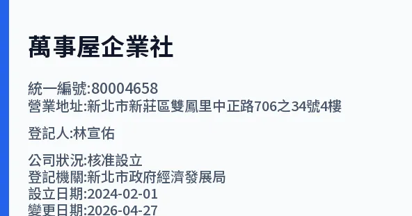 萬事屋企業社的照片-統編 80004658(新北市) 公司登記資料與營業項目詳細圖表
