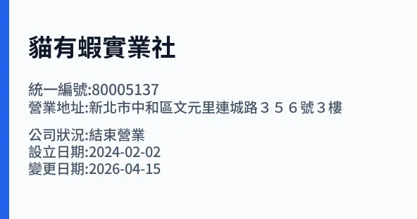 貓有蝦實業社的照片-統編 80005137(新北市) 公司登記資料與營業項目詳細圖表