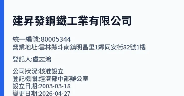 建昇發鋼鐵工業有限公司的照片-統編 80005344(雲林縣) 公司登記資料與營業項目詳細圖表