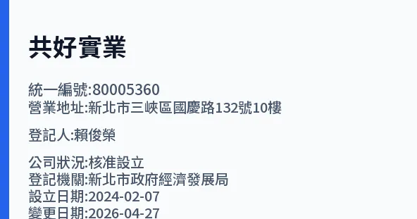 共好實業的照片-統編 80005360(新北市) 公司登記資料與營業項目詳細圖表