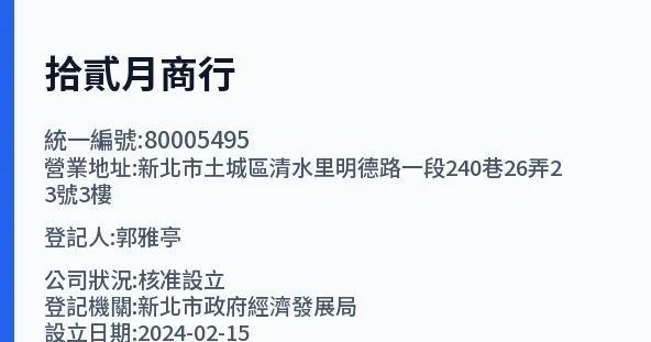 拾貳月商行的照片-統編 80005495(新北市) 公司登記資料與營業項目詳細圖表
