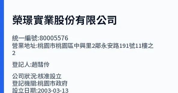 榮璟實業股份有限公司的照片-統編 80005576(桃園市) 公司登記資料與營業項目詳細圖表