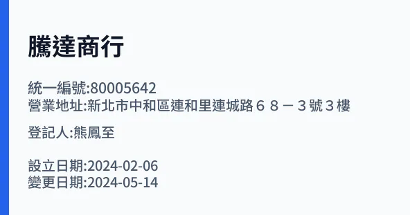 騰達商行的照片-統編 80005642(新北市) 公司登記資料與營業項目詳細圖表
