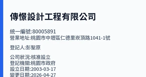 傳憬設計工程有限公司的照片-統編 80005891(桃園市) 公司登記資料與營業項目詳細圖表
