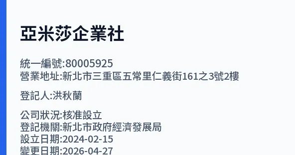 亞米莎企業社的照片-統編 80005925(新北市) 公司登記資料與營業項目詳細圖表