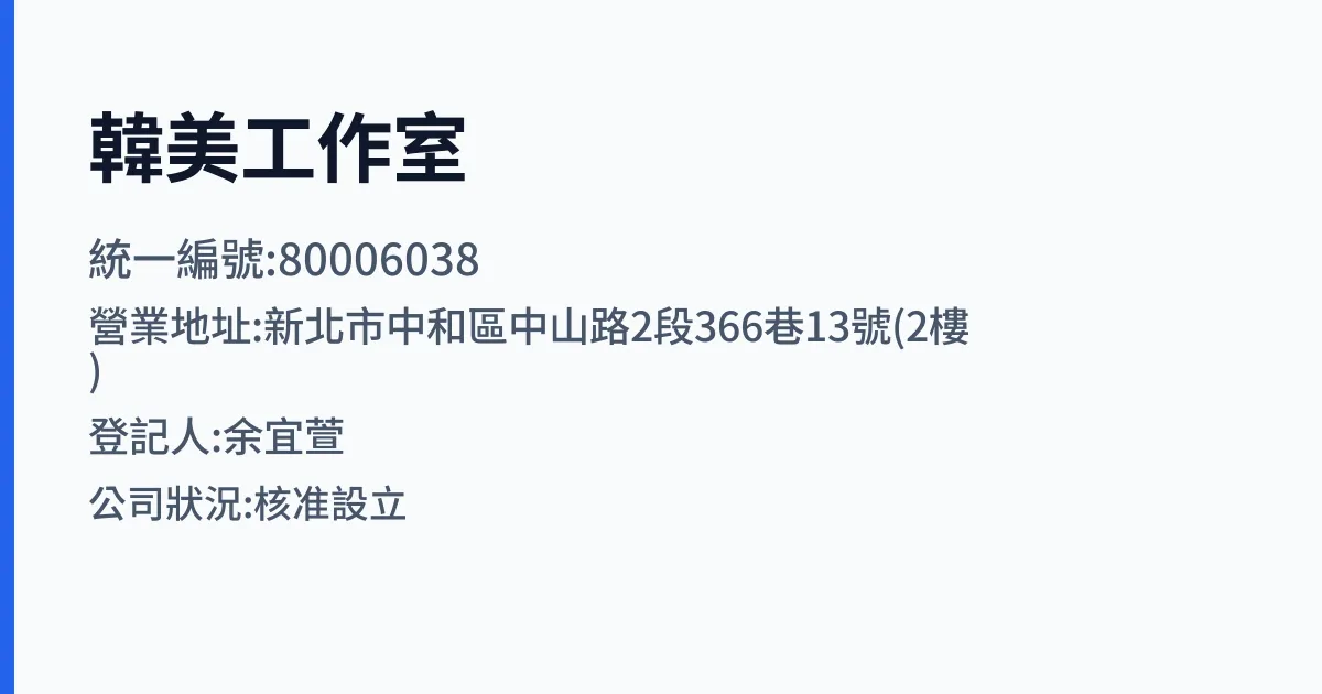 韓美工作室 - 統編 80006038（新北市） 公司登記資料與營業項目詳細圖表