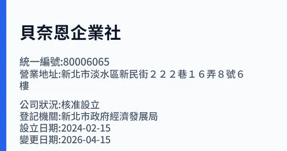 貝奈恩企業社的照片-統編 80006065(新北市) 公司登記資料與營業項目詳細圖表
