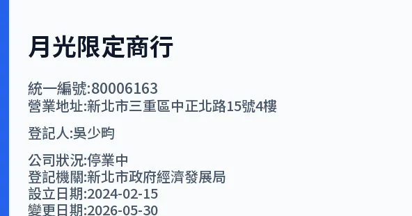 月光限定商行的照片-統編 80006163(新北市) 公司登記資料與營業項目詳細圖表