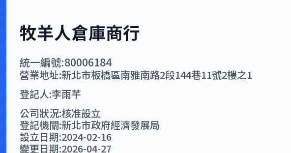 牧羊人倉庫商行的照片-統編 80006184(新北市) 公司登記資料與營業項目詳細圖表