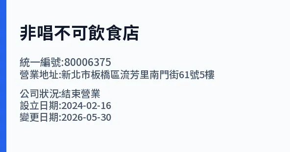 非唱不可飲食店的照片-統編 80006375(新北市) 公司登記資料與營業項目詳細圖表