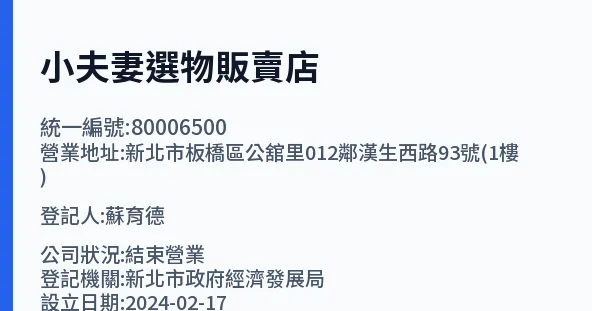 小夫妻選物販賣店的照片-統編 80006500(新北市) 公司登記資料與營業項目詳細圖表