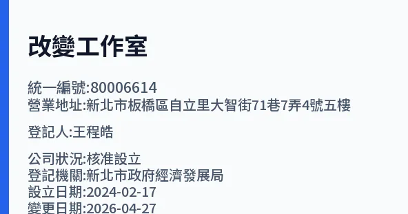 改變工作室的照片-統編 80006614(新北市) 公司登記資料與營業項目詳細圖表