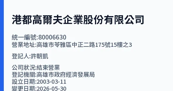 港都高爾夫企業股份有限公司的照片-統編 80006630(高雄市) 公司登記資料與營業項目詳細圖表