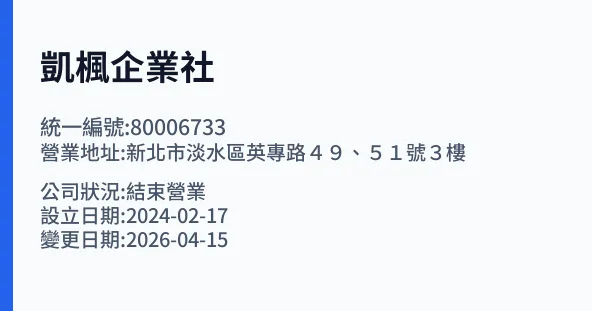 凱楓企業社的照片-統編 80006733(新北市) 公司登記資料與營業項目詳細圖表
