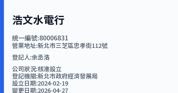 浩文水電行的照片-統編 80006831(新北市) 公司登記資料與營業項目詳細圖表