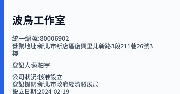 波鳥工作室的照片-統編 80006902(新北市) 公司登記資料與營業項目詳細圖表