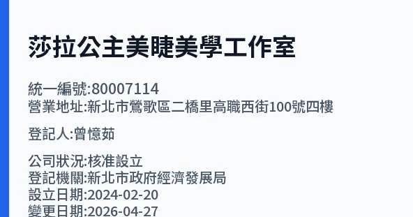 莎拉公主美睫美學工作室的照片-統編 80007114(新北市) 公司登記資料與營業項目詳細圖表