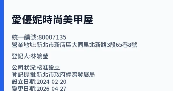 愛優妮時尚美甲屋的照片-統編 80007135(新北市) 公司登記資料與營業項目詳細圖表