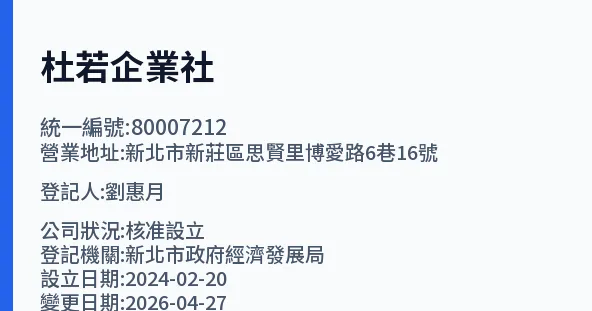 杜若企業社的照片-統編 80007212(新北市) 公司登記資料與營業項目詳細圖表