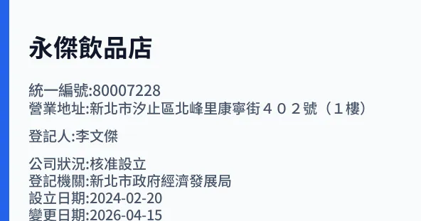永傑飲品店的照片-統編 80007228(新北市) 公司登記資料與營業項目詳細圖表